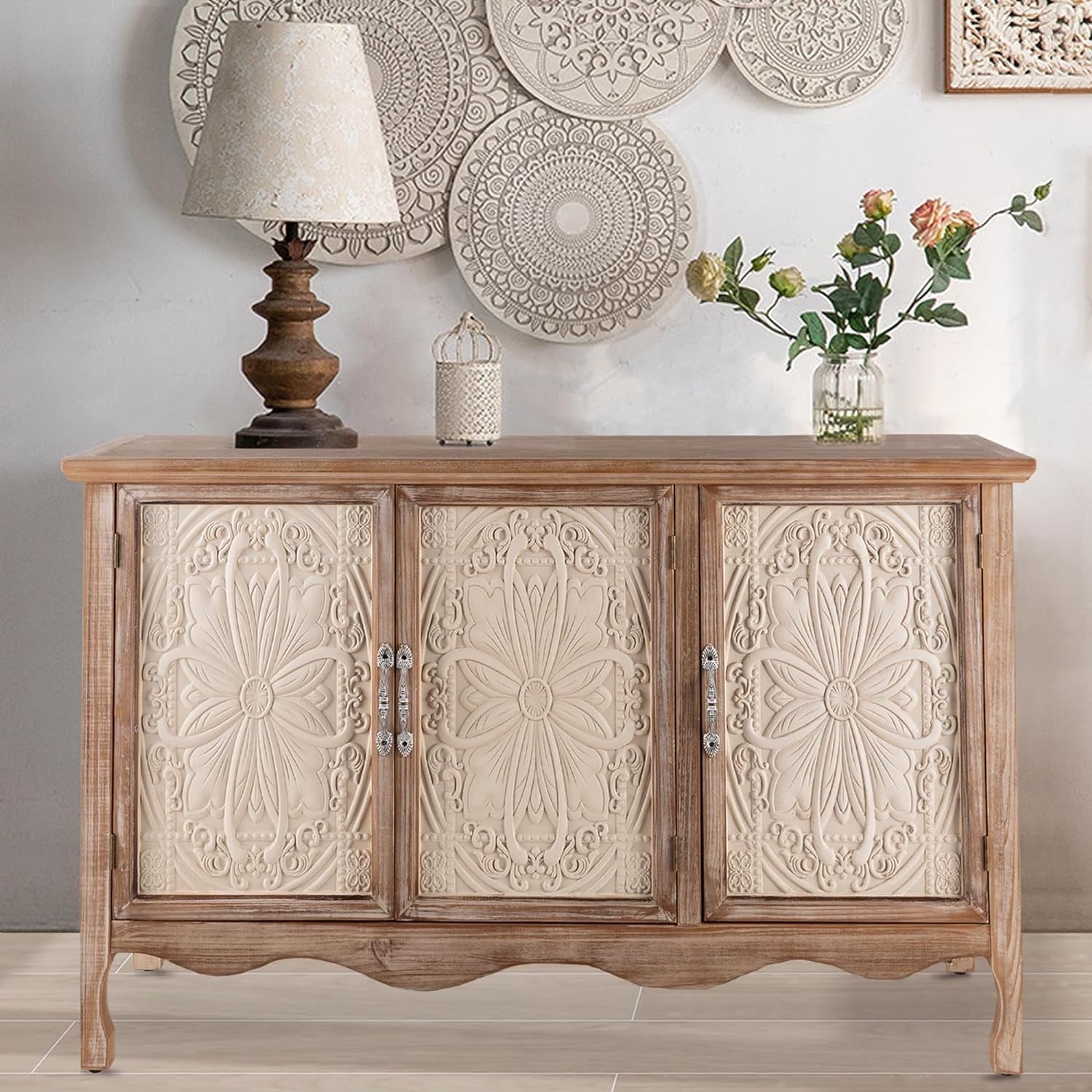 Royalcraft Accent Cabinet Rustic Storage Cabinet with 3 Carved Doors RoyalCraft